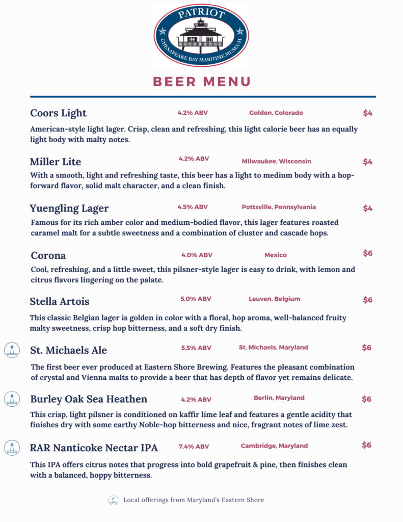 Bar Menu - Patriot Cruises