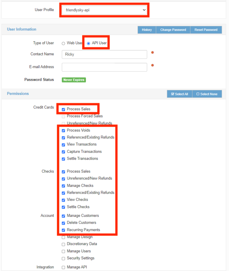 PayTrace API Portal Settings - FriendlySky